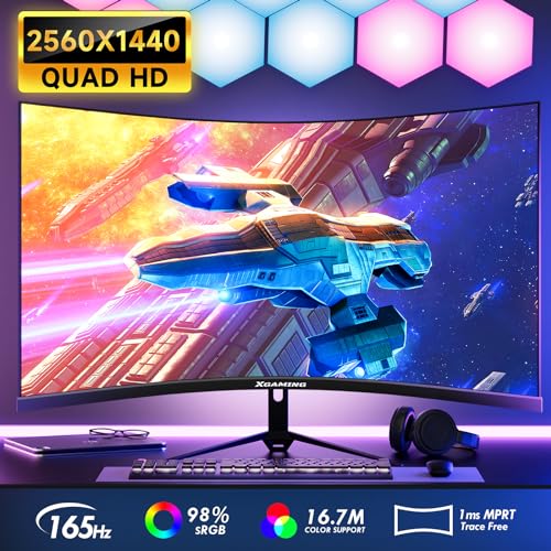 27 Inch Curved Monitor, QHD 2560 x 1440p 165Hz 2K Gaming Computer Monitor, 1ms, 98% sRGB HDR 16:9 Wide Display, 1500R Curved, FreeSync, Eye Care, Built-in Speakers, HDMI DisplayPort,VESA, Adjustable