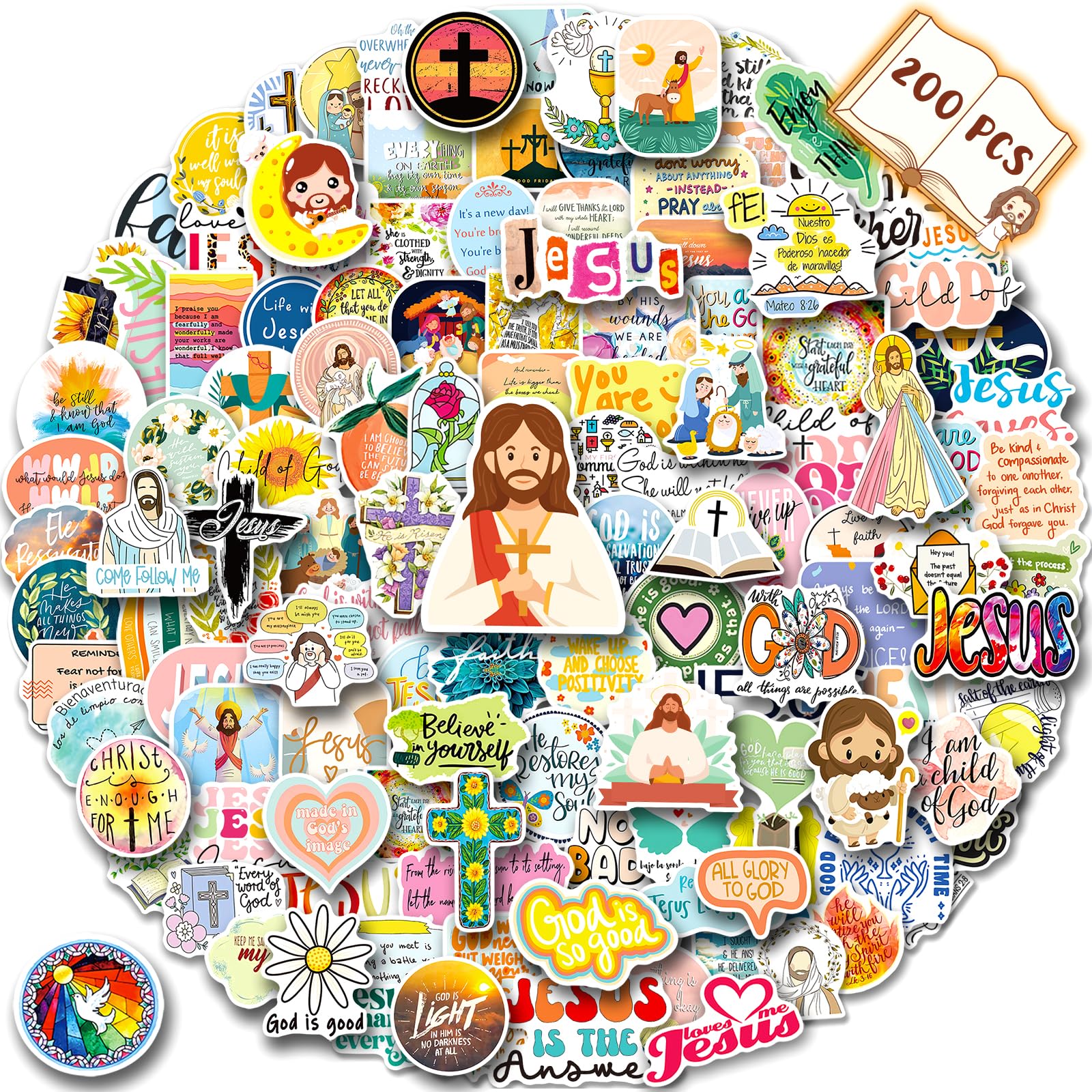 200PCS Jesus Christian Stickers, Religious Stickers for Kids Bible Verse Stickers Christian Stickers for Water Bottles Laptop, Vinyl Faith Wisdom Words Stickers Christian Gifts