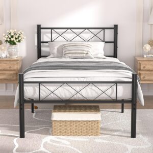 vecelo twin size bed frame with headboard, heavy-duty platform/mattress foundation with metal slats support, no box spring needed/easy assembly, matte black