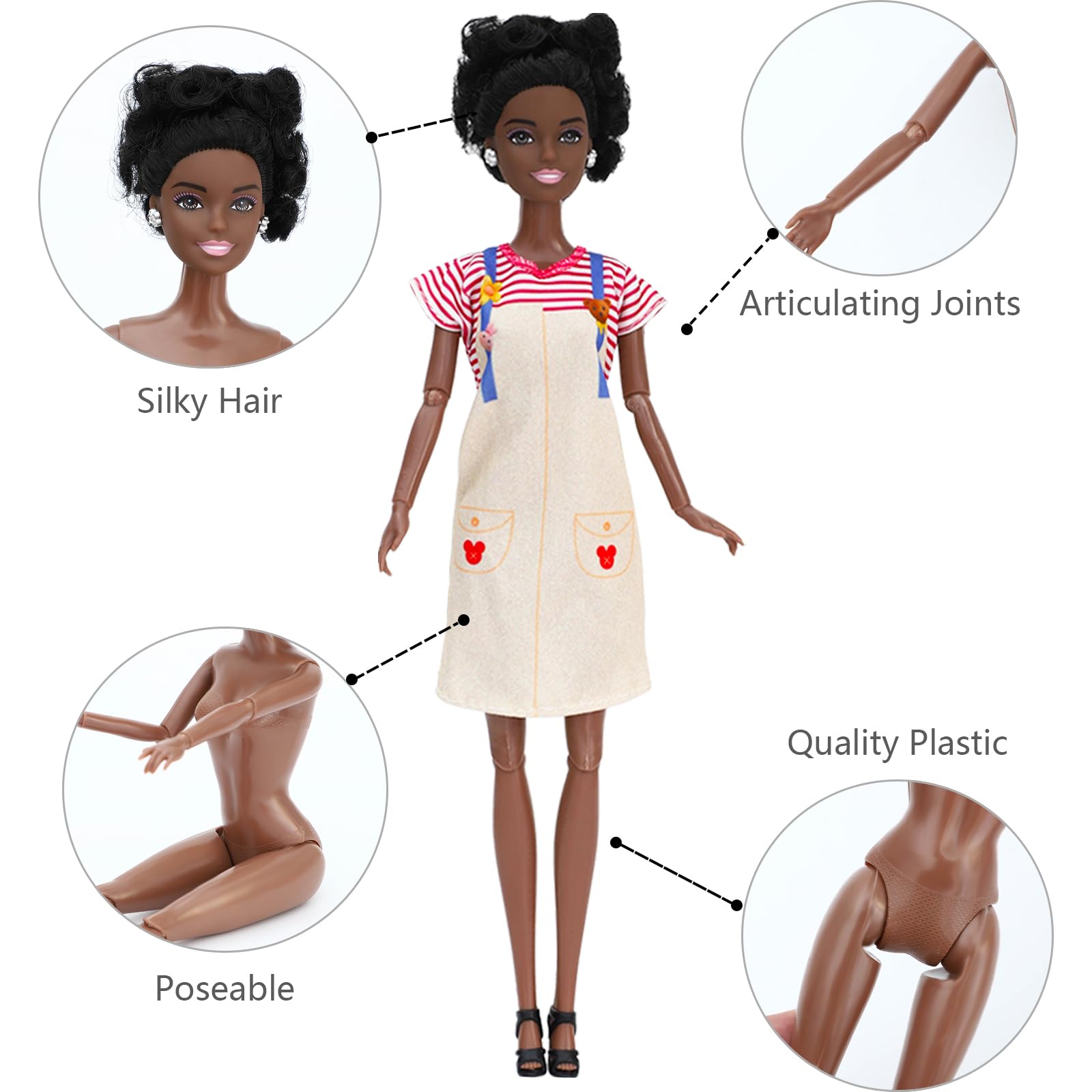 ONEST 5 Sets 11.5 Inch African American Dolls Include 5 Pieces Black Girl Dolls, 8 Pieces Handmade Doll Clothes, 5 Pairs of Doll Shoes