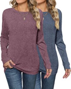 ficerd 2 pack women's casual sweatshirts, long sleeve cotton shirts loose fit lightweight crew neck basic tops cute pullover (navy blue, wine red,large)