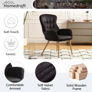 Homedraft Velvet Accent Chair, Button Tufted Reading Chair with Large Tall Wing Back, Comfy Upholstered Vanity Chair with Metal Legs, Black