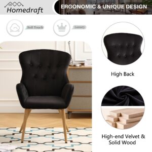 Homedraft Velvet Accent Chair, Button Tufted Reading Chair with Large Tall Wing Back, Comfy Upholstered Vanity Chair with Metal Legs, Black