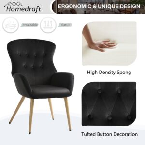 Homedraft Velvet Accent Chair, Button Tufted Reading Chair with Large Tall Wing Back, Comfy Upholstered Vanity Chair with Metal Legs, Black