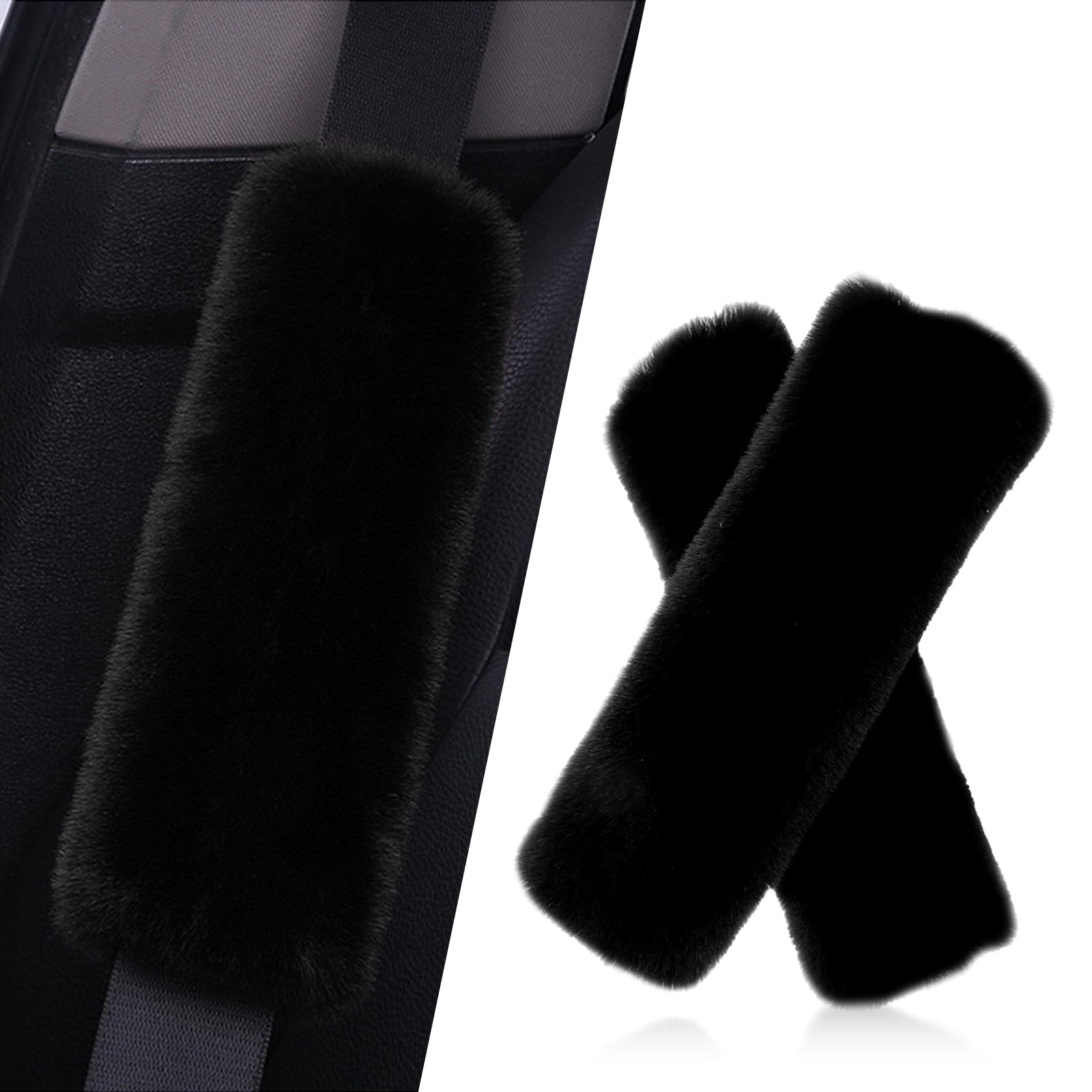 QODOLSI Pack-2 Car Seat Belt Pads, Fluffy Shoulder Pads, Self-Adhesive Auto Protective Pads, Soft Faux Rabbit Plush Pads, Backpack Strap Cover, Universal for Most Cars, Trucks, SUVs (Black)