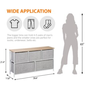 SUPER DEAL 5 Drawer Dresser for Bedroom Fabric Chest of Drawers for Closet Wide Clothes Storage Organizer with Heavy Duty Steel Frame and Wood Top, Light Grey