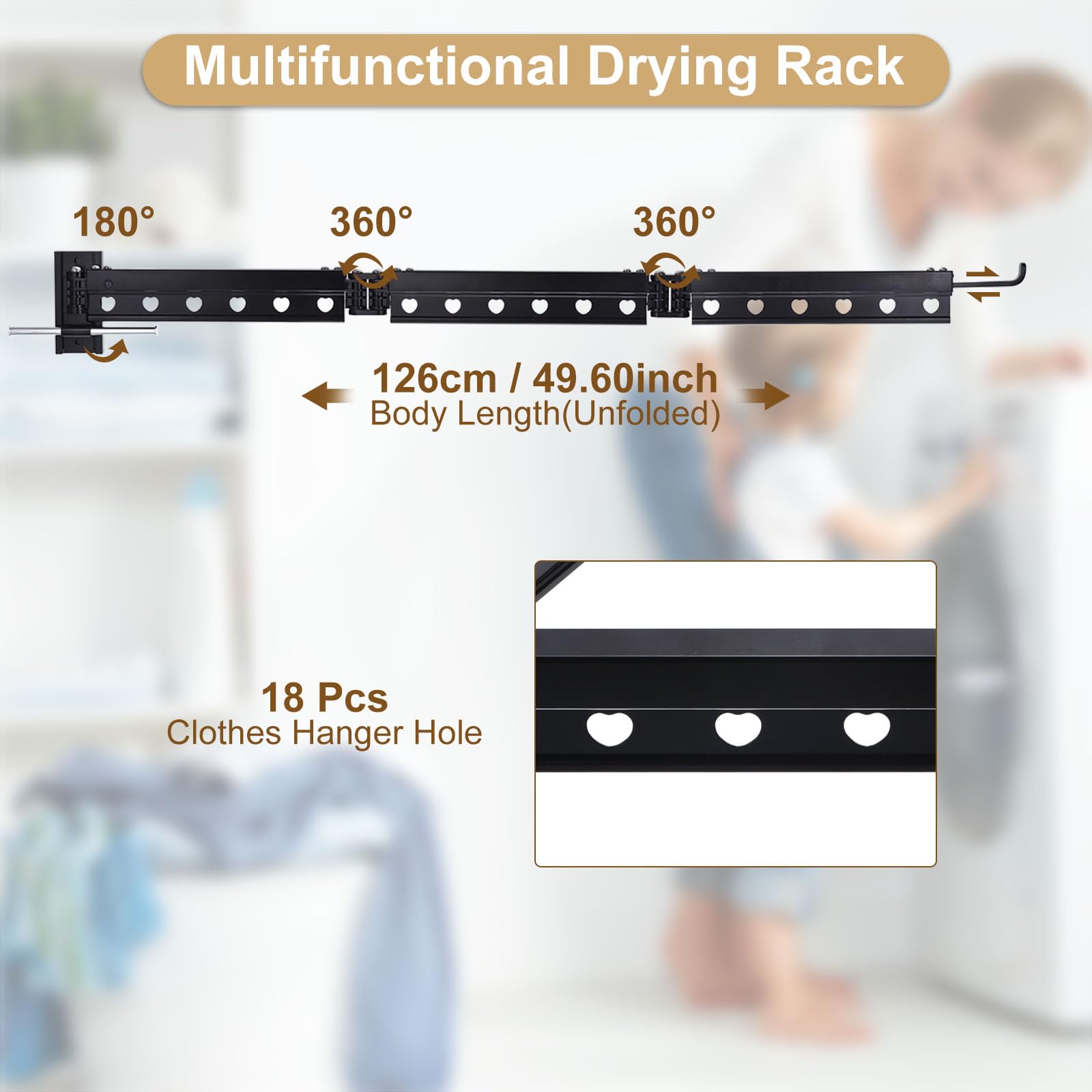 uxcell Clothes Drying Rack Wall Mounted, Laundry Drying Rack with Windproof Holes & Clips, Retractable Clothing Rack, Collapsible Clothes Hanging Rack (Tri-Fold) Black Upgrade