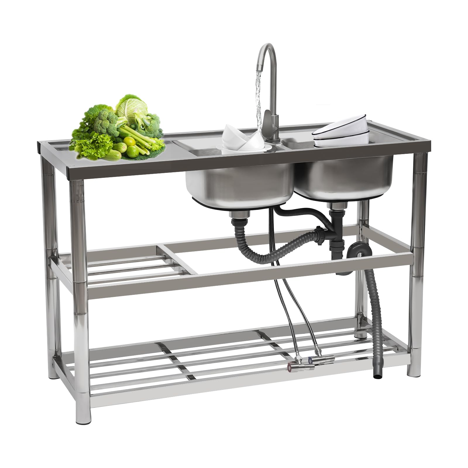 3 Tiers Standing Commercial Kitchen Sink Set, Stainless Steel Double Bowl Kitchen Sinks with Faucet and Drain Pipe, Utility Restaurant Kitchen Sink Garage Sink 47.2" x 17.5" x 31.5"