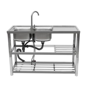 3 Tiers Standing Commercial Kitchen Sink Set, Stainless Steel Double Bowl Kitchen Sinks with Faucet and Drain Pipe, Utility Restaurant Kitchen Sink Garage Sink 47.2" x 17.5" x 31.5"