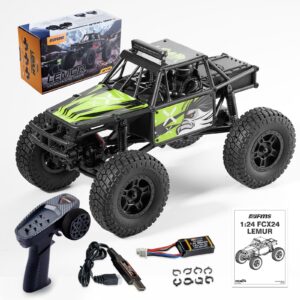 mq & kun fms fcx24 1/24 lemur rtr, 4x4 brushed rc buggy 8kph+ rc monster baja truck all-terrain off-road rc rock crawler for adults included led headlight, battery, 2.4ghz remote control(green)