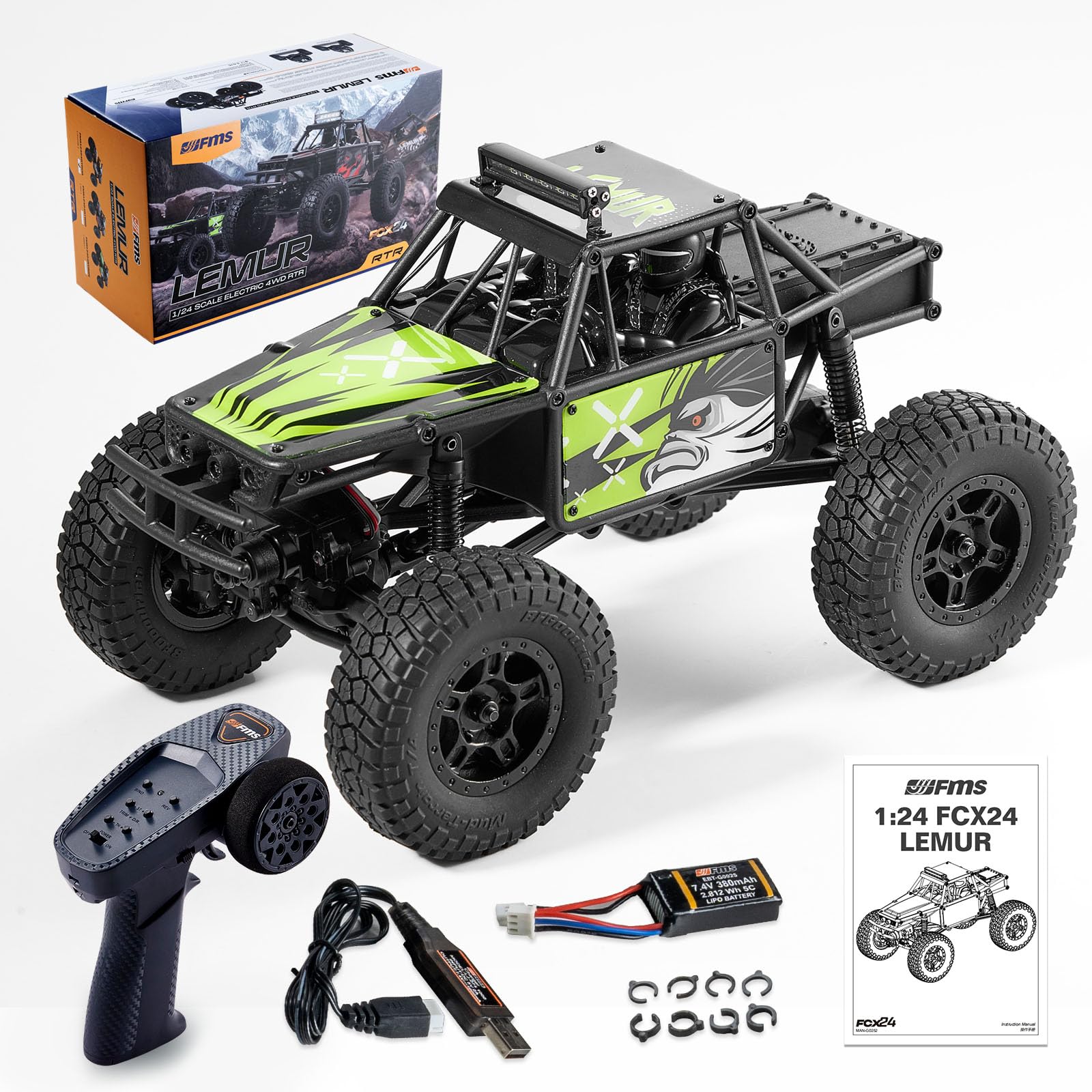 MQ & KUN FMS FCX24 1/24 Lemur RTR, 4x4 Brushed RC Buggy 8KPH+ RC Monster Baja Truck All-Terrain Off-Road RC Rock Crawler for Adults Included LED Headlight, Battery, 2.4Ghz Remote Control(Green)