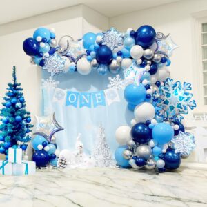 froufing winter wonderland balloon garland arch kit 140pcs navy blue white silver with mylar snowflake star balloons for winter 1st birthday boy baby shower snow queen theme party decorations