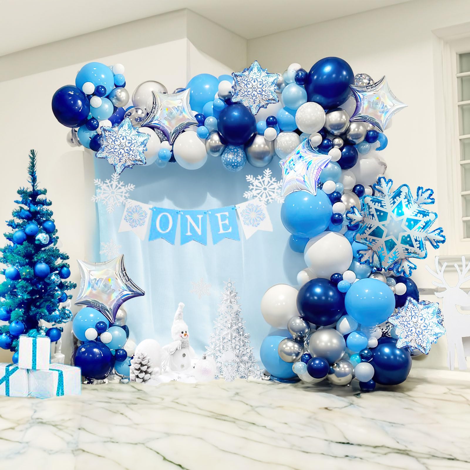 FROUFING Winter wonderland balloon garland arch kit 140pcs Navy Blue White Silver with mylar snowflake star balloons for winter 1st birthday Boy baby shower snow queen theme party decorations