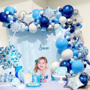 FROUFING Winter wonderland balloon garland arch kit 140pcs Navy Blue White Silver with mylar snowflake star balloons for winter 1st birthday Boy baby shower snow queen theme party decorations