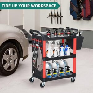 YITAHOME Auto Detailing Cart with Wheels, 3 Tier Rolling Detail Cart with Long Hanging Plate & Hooks & Hanging Bucket, Car Wash Organizer Cart for Detailers Garage, Workshop, Repair Shop, Storage Tool