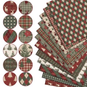 Whaline 12Pcs Christmas Cotton Fabric Bundles Woodland Poinsettia Reindeer Tree Printed Fat Quarters Plaid Xmas Sewing Fabrics for DIY Handmade Crafting, 18 x 22 Inch