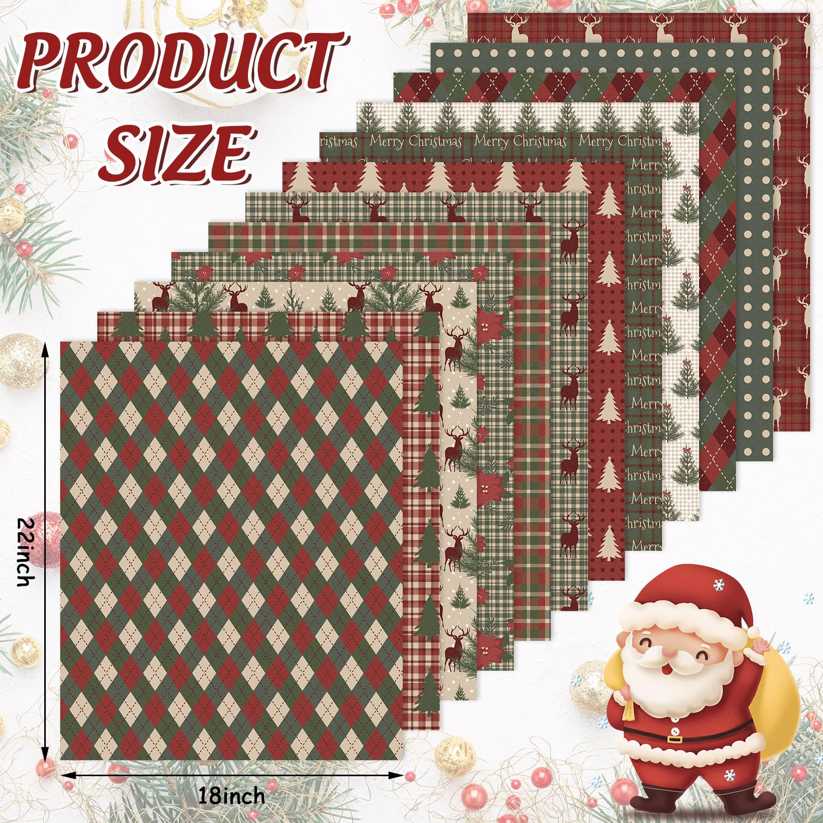 Whaline 12Pcs Christmas Cotton Fabric Bundles Woodland Poinsettia Reindeer Tree Printed Fat Quarters Plaid Xmas Sewing Fabrics for DIY Handmade Crafting, 18 x 22 Inch