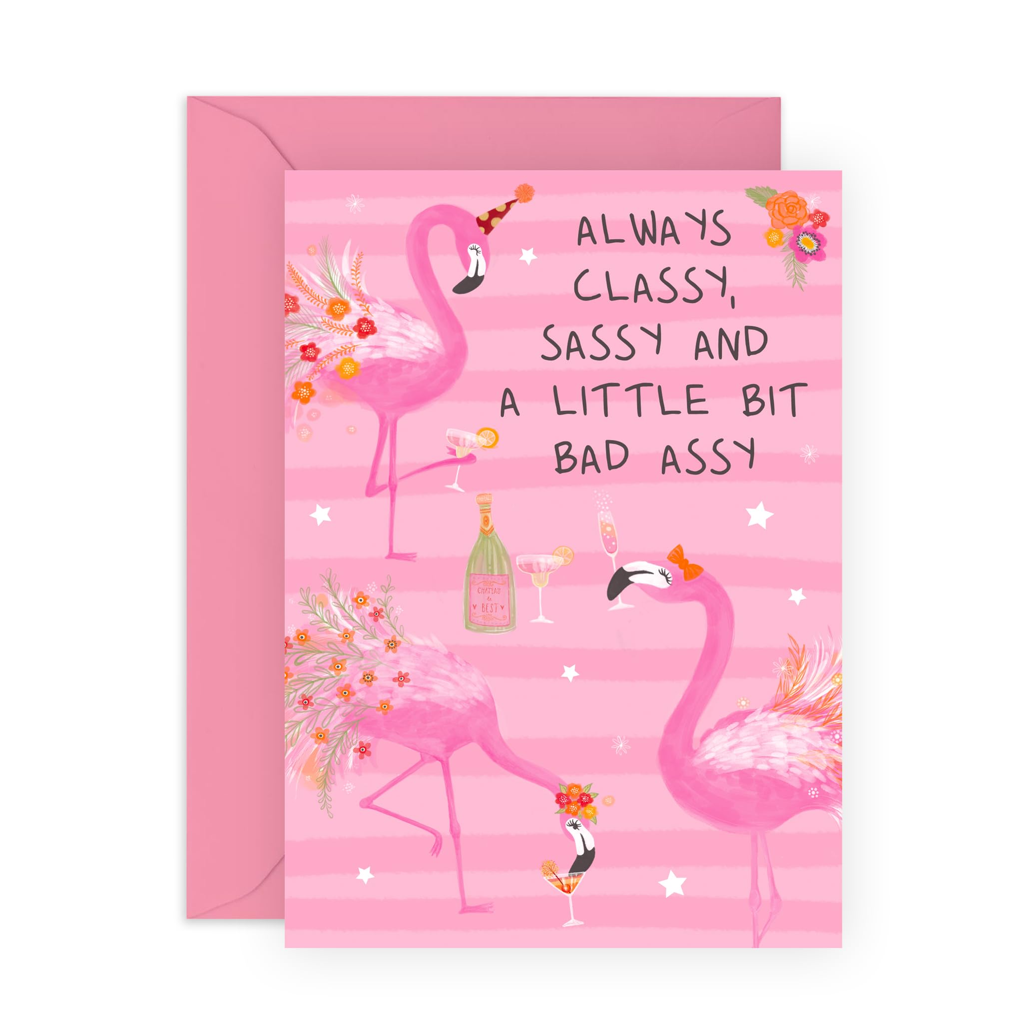 CENTRAL 23 Birthday Card for Female Friends - Classy, Sassy and A Little Bit Bad Assy - Pink Flamingo Greeting Card for Women - Funny Gifts for Sister Girlfriend Daughter - Comes with Stickers