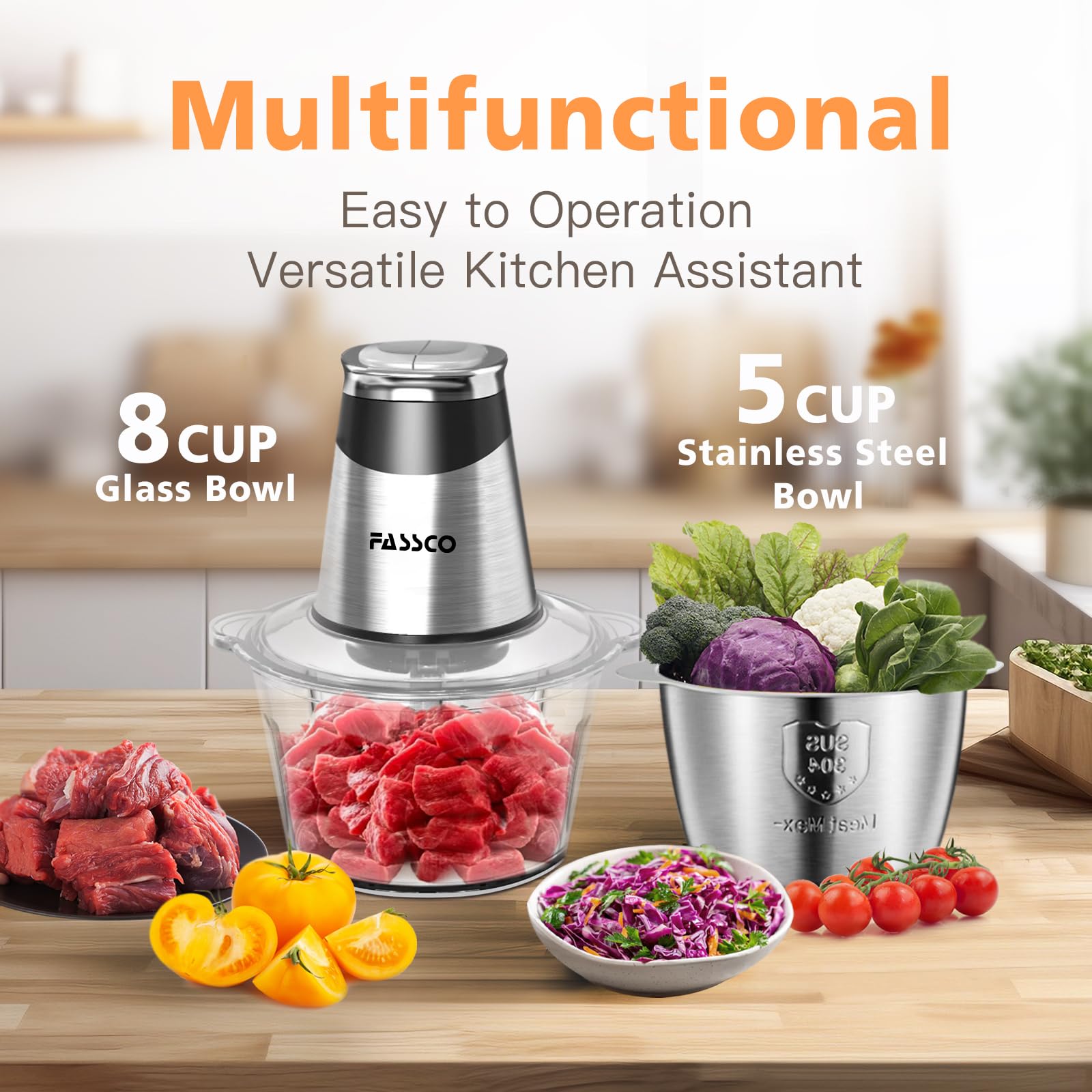 FASSCO Food Processors, Electric food Chopper, Meat Grinder with 2 Bowls (8 Cup+5 Cup),400W Copper Motor - 3 Bi-Level Blades for Meat,Vegetables,Onion, Garlic, Salad, Baby Food, Nuts, Ice Cube