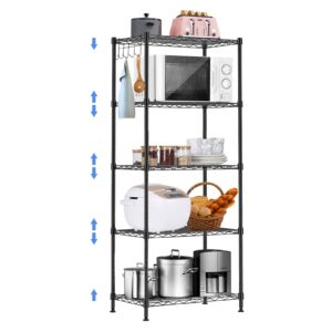 5 tier changeable wire shelving rack, adjustable metal shelves for storage, 5 tier black shelving unit with leveling feet, 11.5"d x 21"w x 59"h, 550lbs capacity, for kitchen, pantry, garage, laundry