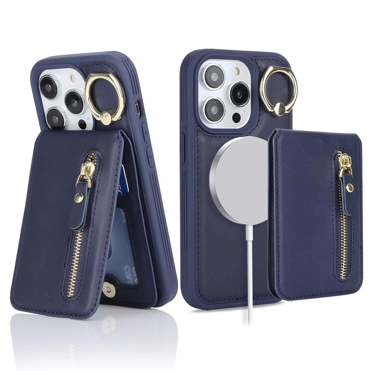 Ｈａｖａｙａ for iPhone 14 pro Case with Card Holder iphone 14 pro phone case magsafe compatible for women leather zipper phone wallet detachable 2-in-1 magnetic for men-Blue