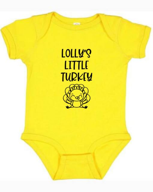 Lolly's Little Turkey Color Infant Bodysuit, Fall Baby Shower Newborn Gift, Pregnancy Reveal Onesie Present, Thanksgiving, Unisex (6M, Short Sleeve, Yellow)