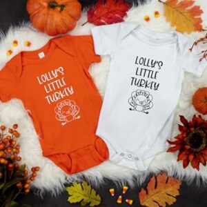 Lolly's Little Turkey Color Infant Bodysuit, Fall Baby Shower Newborn Gift, Pregnancy Reveal Onesie Present, Thanksgiving, Unisex (6M, Short Sleeve, Yellow)