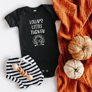 Lolly's Little Turkey Color Infant Bodysuit, Fall Baby Shower Newborn Gift, Pregnancy Reveal Onesie Present, Thanksgiving, Unisex (6M, Short Sleeve, Yellow)