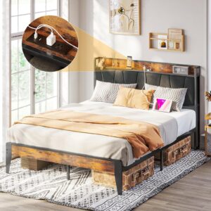 clouddwell queen size bed frame and headboard with charging station, queen bed frame with storage, heavy duty steel support, no box spring needed, squeak resistant, rustic brown and grey