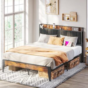 ClouDDwell Queen Size Bed Frame and Headboard with Charging Station, Queen Bed Frame with Storage, Heavy Duty Steel Support, No Box Spring Needed, Squeak Resistant, Rustic Brown and Grey