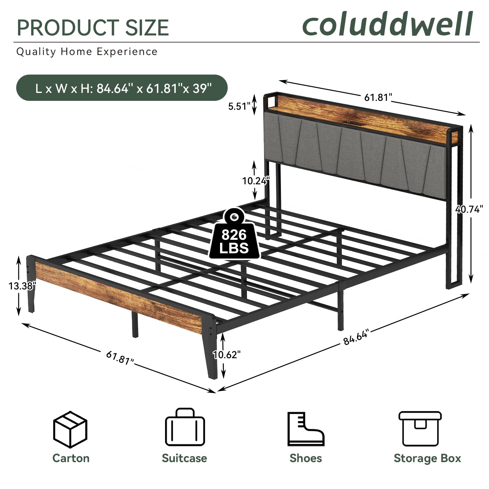 ClouDDwell Queen Size Bed Frame and Headboard with Charging Station, Queen Bed Frame with Storage, Heavy Duty Steel Support, No Box Spring Needed, Squeak Resistant, Rustic Brown and Grey