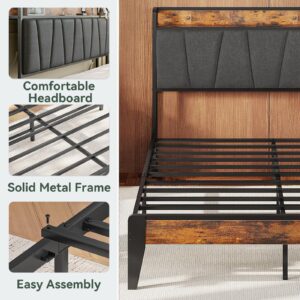 ClouDDwell Queen Size Bed Frame and Headboard with Charging Station, Queen Bed Frame with Storage, Heavy Duty Steel Support, No Box Spring Needed, Squeak Resistant, Rustic Brown and Grey