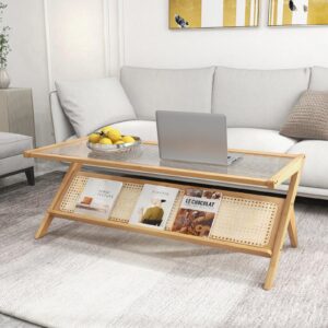 giantex boho rattan coffee table, bamboo center table w/handwoven rattan rack & tempered glass tabletop, z-shaped design accent table for living room, bedroom, 48" l x 19" w