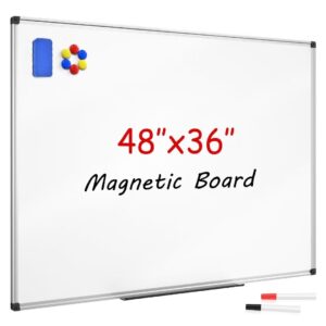 sunyesyoon magnetic dry erase whiteboard 48 x 36 inch - 4 x 3 large white board, silver aluminum frame wall-mounted, magnetic eraser, 2 pen, detachable marker tray, 6 magnets for office, school