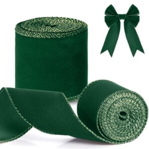 riceshoot 2 rolls christmas velvet ribbon 2.5 inch 20 yards xmas velvet wired ribbon with gold edge for christmas tree decorations wreath bow making (green)