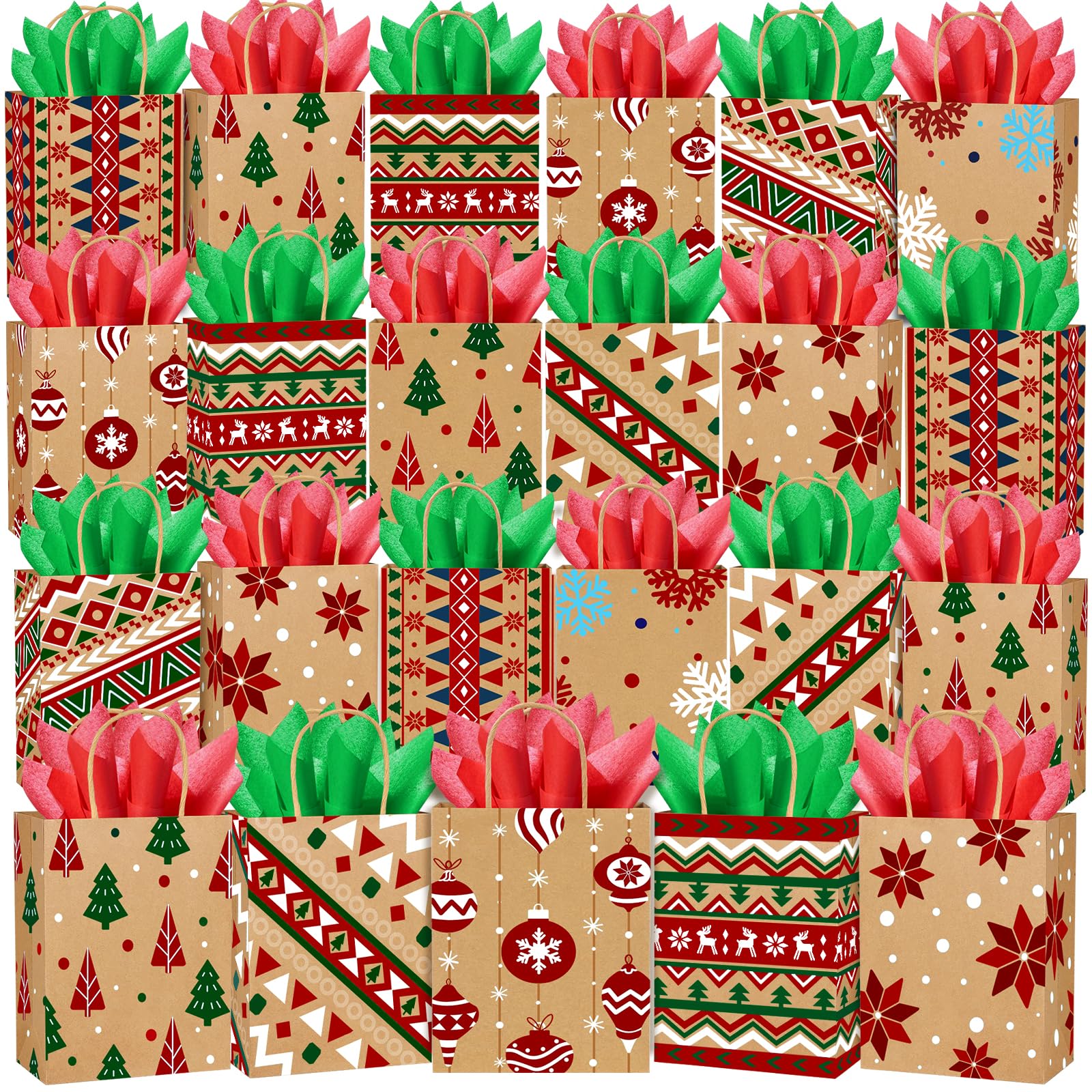 DIYDEC 24PCS Christmas Kraft Gift Bags 8 Styles Xmas Wrapping Paper Bags Medium Size Xmas Gift Bags with Handles Reusable Goody Treat Bags Bulk for Holiday Party Favor Supplies