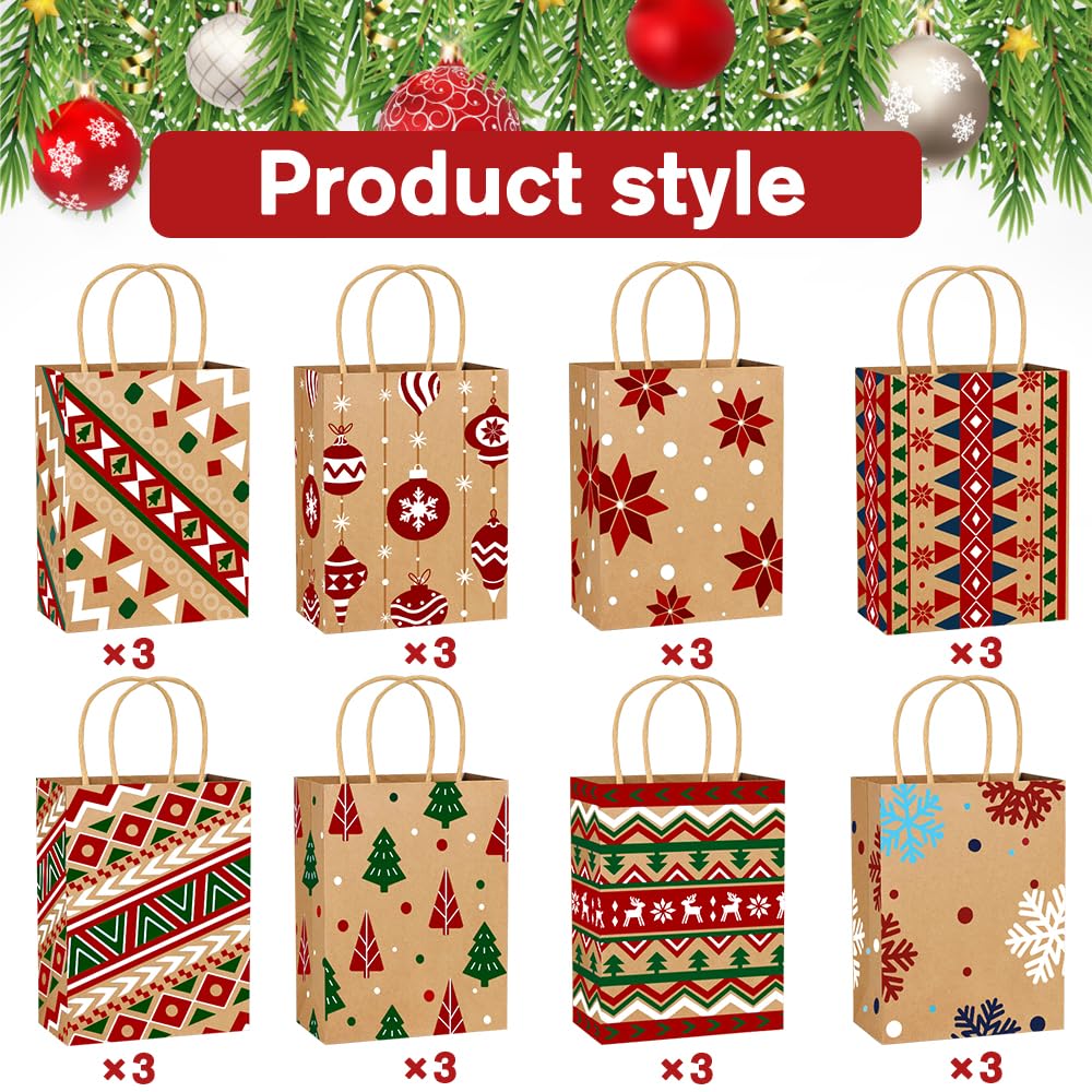 DIYDEC 24PCS Christmas Kraft Gift Bags 8 Styles Xmas Wrapping Paper Bags Medium Size Xmas Gift Bags with Handles Reusable Goody Treat Bags Bulk for Holiday Party Favor Supplies