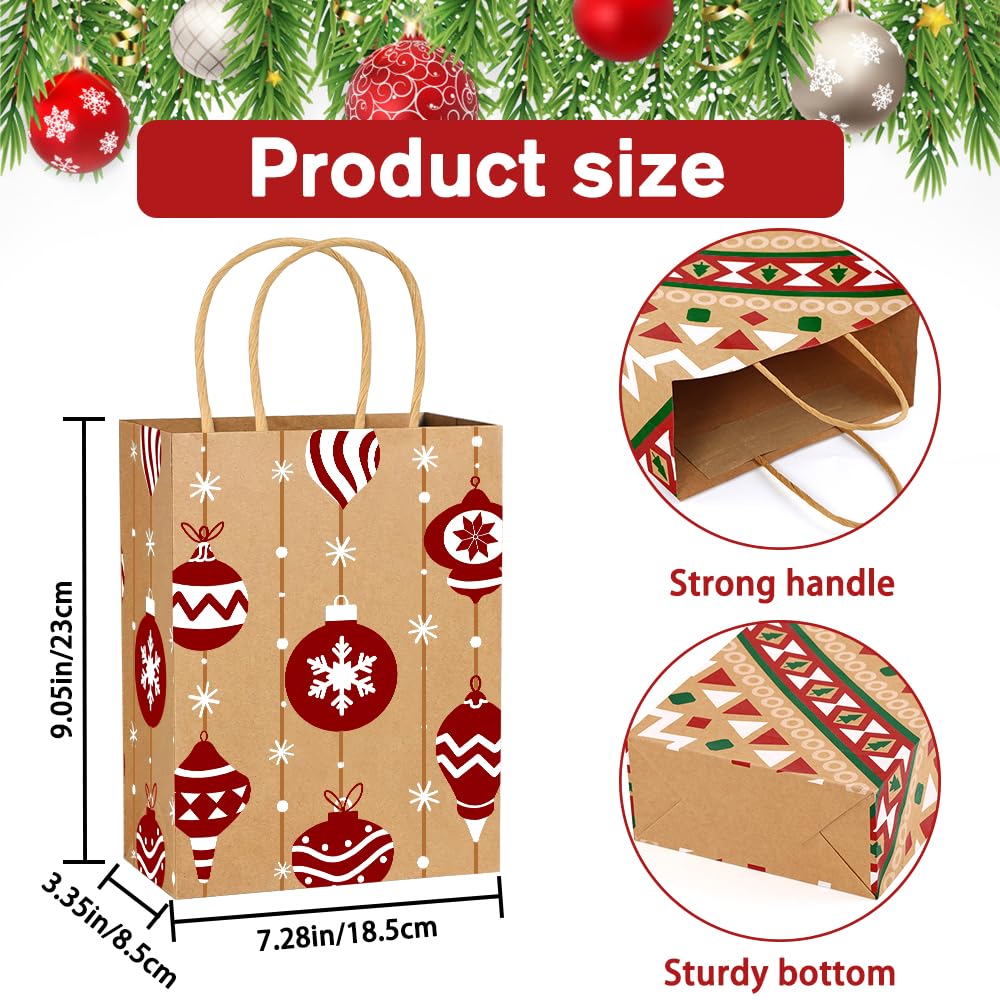 DIYDEC 24PCS Christmas Kraft Gift Bags 8 Styles Xmas Wrapping Paper Bags Medium Size Xmas Gift Bags with Handles Reusable Goody Treat Bags Bulk for Holiday Party Favor Supplies