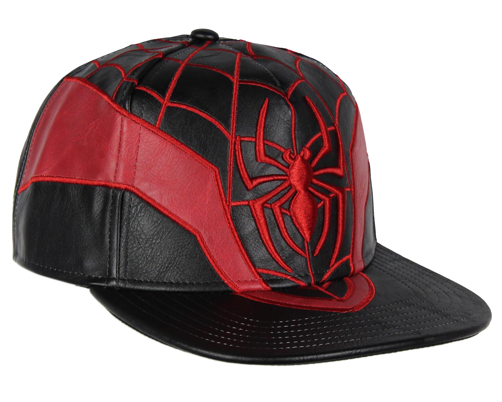 Marvel Comics Spider-Man Miles Morales Suit Embroidered Faux Leather Snapback Hat for Men and Women Black