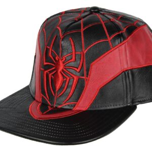 Marvel Comics Spider-Man Miles Morales Suit Embroidered Faux Leather Snapback Hat for Men and Women Black