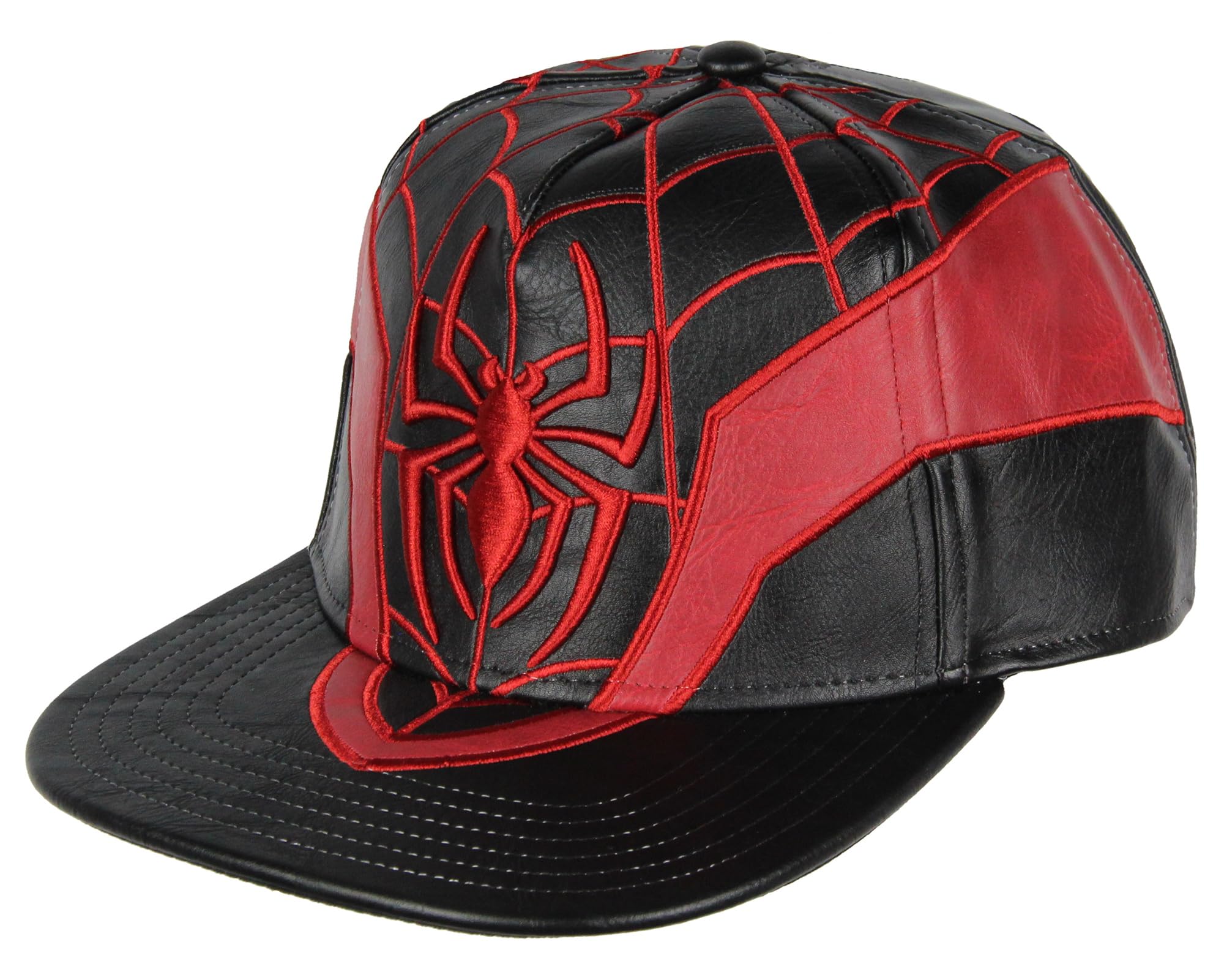 Marvel Comics Spider-Man Miles Morales Suit Embroidered Faux Leather Snapback Hat for Men and Women Black