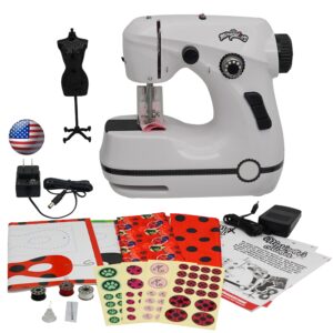 miraculous ladybug - marinette's mini sewing machine for beginners and kids, dual speed portable machine with miraculous fabric, black mannequin, superhero mask cutouts, and foot pedal (wyncor)