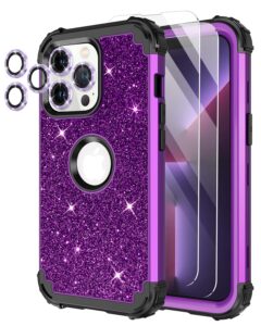 lontect for iphone 13 pro max case glitter sparkly bling 3 in 1 shockproof heavy duty full body sturdy protective case for apple iphone 13 pro max with 2 screen protector+camera protector,dark purple