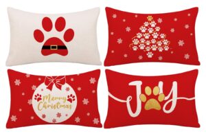 gagec christmas pillow covers 12x20 inch dog paws red throw pillow covers xmas winter pillowcase home decor living room farmhouse decorative cushion case for sofa couch