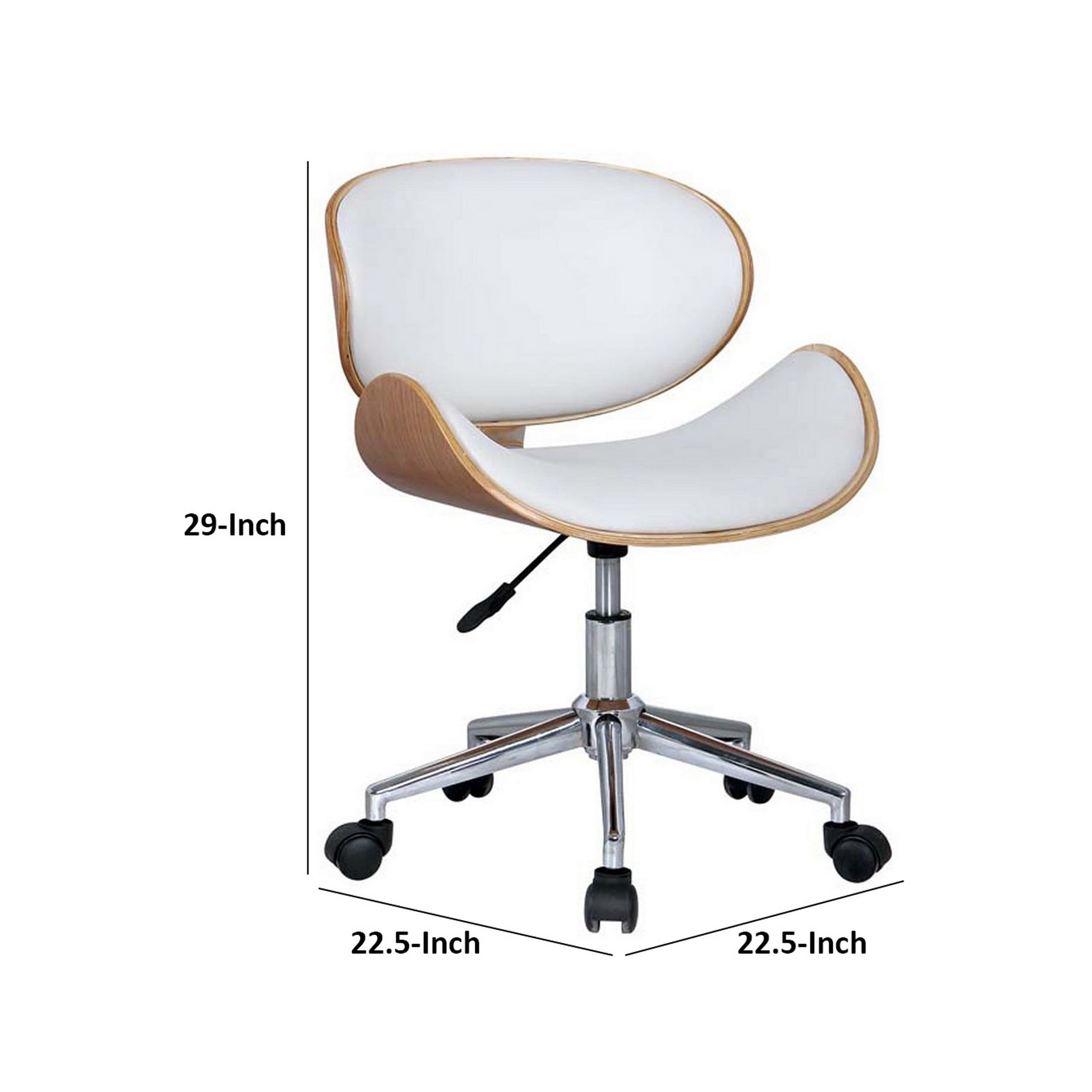 Benjara BM304614 23 in. White Faux Leather Curved Wood Seat & Back Swivel Office Chair