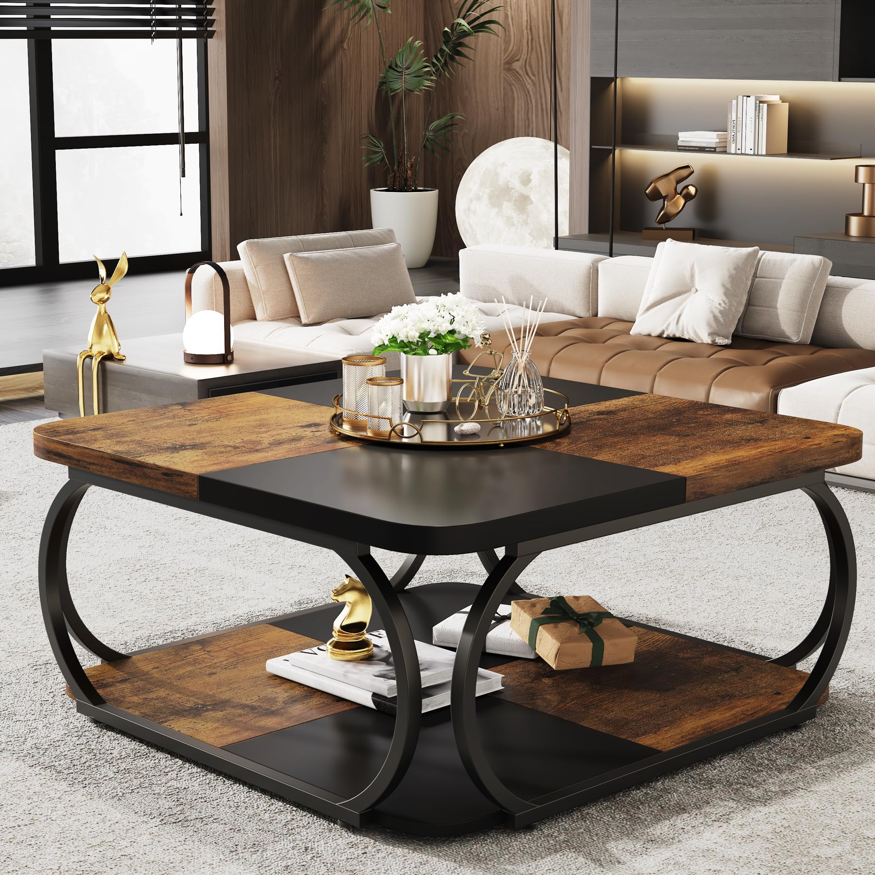 Tribesigns Square Coffee Table with 2 Tiers, 40 inches Low Farmhouse Coffee Table with Wood Storage Shelf Heavy Duty Metal Curved Frame for Modern Living Room, Black Rustic Brown