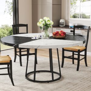 tribesigns 47 inch dining table for dining room, 4 people round dinner tables with faux marble top heavy duty metal circle pedestal for living room kitchen, black white(only table)