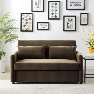 lunanniu 57.1 convertible sleeper sofa bed, loveseat sleeper couch dutch velvet deep seat with pull-out bed, small love seat with 3-reclining-position backrest for living room office brown