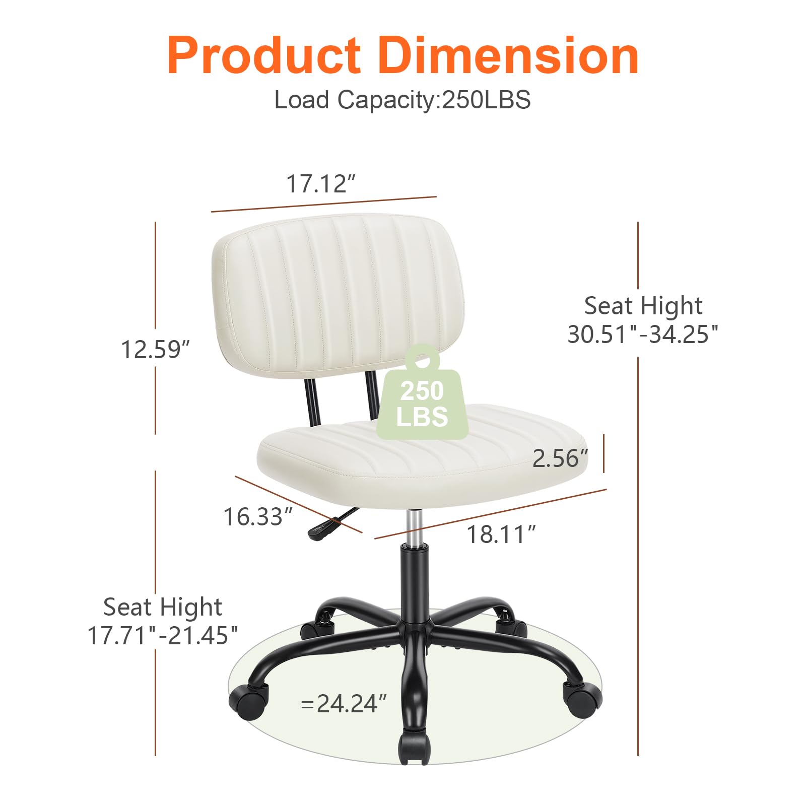 NEWBULIG Small Office Chair Armless with Wheels, Swivel Desk Seat with Back Lumbar Support Height Adjustable for Home Study Vanity, Pu leather, White