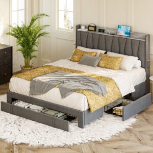 anctor queen size bed frame with storage headboard and charging station, upholstered platform bed with 3 drawers, no box spring needed, easy assembly, grey